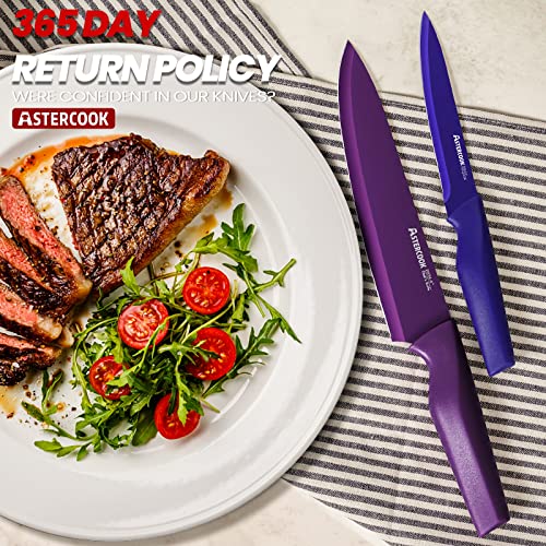 Astercook Knife Set, 12 Pcs Color-Coded Kitchen Knife Set, 6 Color Anti-Rust Coating Stainless Steel Kitchen Knives with 6 Blade Guards, Dishwasher Safe