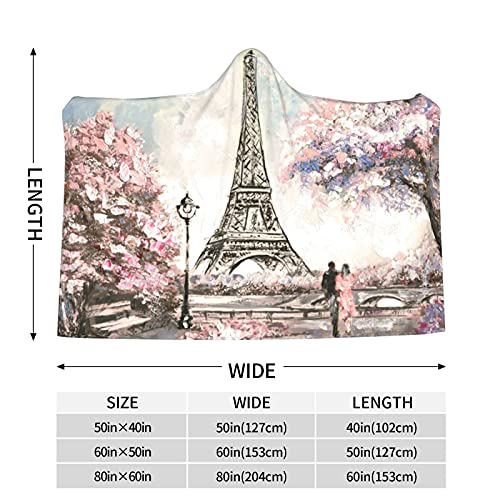 JASMODER Valentine's Day Gift Paris Eiffel Tower Lover Couples Hooded Blanket Anti-Pilling Flannel Wearable Blanket Hoodie-Plush Warm Blanket Throw Blankets Fit for Kids, Adults, Teens