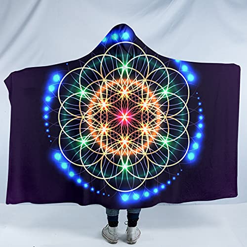 Sleepwish Flower of Life Hoodie Blanket Sacred Geometry Chakra Colored Soft Warm Comfortable Blanket Wearable Sherpa Blanket Blue Green Orange (Adults 60"x 80")