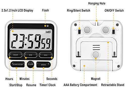 KTKUDY Digital Kitchen Timer with Mute/Loud Alarm Switch ON/Off Switch, 24 Hour Clock & Alarm, Memory Function Count Up & Count Down for Kids Teachers Cooking, Large LCD Display, Strong Magnet (Black)