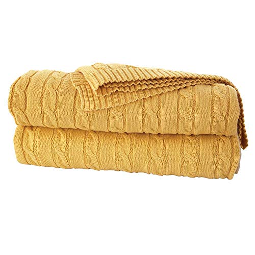 ULUDAG TRIKO Knitted Throw Blankets for Home - 100% Cotton Textured Soft Cozy Warm Decorative Blanket for Home Couch Sofa Bed Chair Cover Living Bed Room, Machine Washable 50"x 60" (Yellow, 60"X80")