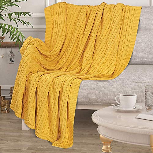 ULUDAG TRIKO Knitted Throw Blankets for Home - 100% Cotton Textured Soft Cozy Warm Decorative Blanket for Home Couch Sofa Bed Chair Cover Living Bed Room, Machine Washable 50"x 60" (Yellow, 60"X80")