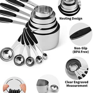 Joyhill Stainless Steel Measuring Cups and Spoons Set of 10 Piece, Nesting Metal Measuring Cups Set with Soft Touch Silicone Handles for Dry and Liquid Ingredients, Cooking & Baking (Black)