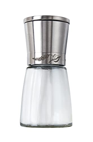 Manual Pepper and Salt Grinder (Spice Mill) with Adjustable Ceramic Blades. Glass body with stainless steel. Easy to fill, use and clean, 6oz.