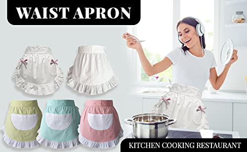 CRB Fashion Waist Apron Kitchen Cooking Restaurant 100% Cotton Bistro Half Aprons with Pockets For Girl Woman (White)