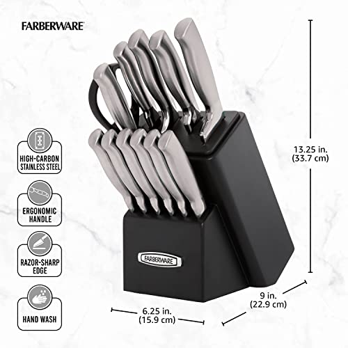 Farberware Self-Sharpening 13-Piece Knife Block Set with EdgeKeeper Technology, High Carbon-Stainless Steel Kitchen Knives, Razor-Sharp Knife Set with Wood Block, Black