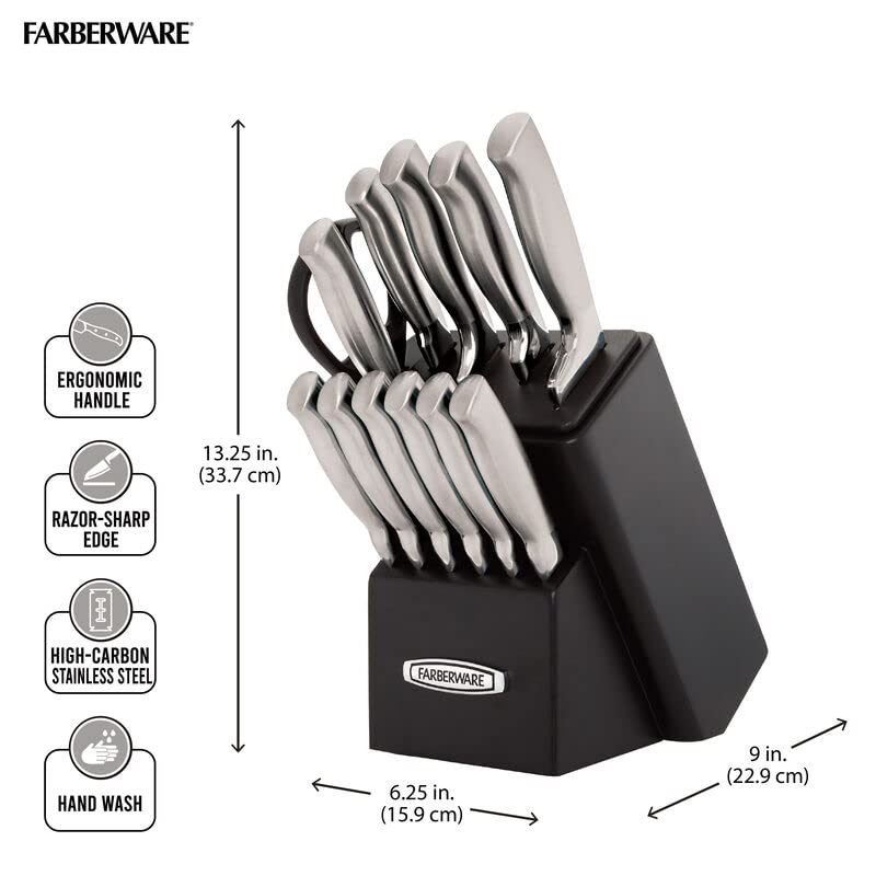 Farberware Self-Sharpening 13-Piece Knife Block Set with EdgeKeeper Technology, High Carbon-Stainless Steel Kitchen Knives, Razor-Sharp Knife Set with Wood Block, Black