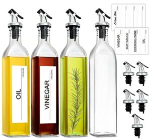 gmisun olive oil dispenser bottle, oil dispenser bottle for kitchen, cooking oil and vinegar dispenser set 4pack, glass oil container cruet-oil pourer spout, funnel and labels, clear for oil, vinegar