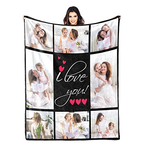 Personalized Blanket with Photo Text - Custom Picture Collage Flannel Blankets Throws for Sofa Bed Customized Blanket Birthday Anniversary Valentines Day Gifts for Lovers Family Friend