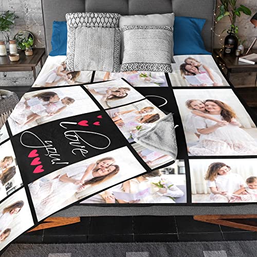 Personalized Blanket with Photo Text - Custom Picture Collage Flannel Blankets Throws for Sofa Bed Customized Blanket Birthday Anniversary Valentines Day Gifts for Lovers Family Friend