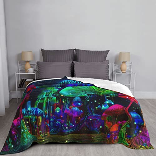 Blacklight Mushroom Throw Blanket Super Soft Cozy Warm Plush Throw Blankets Lightweight Fuzzy Comfy Textured Microfiber Flannel Blanket for Couch, Sofa, Bed, Chair,Car,Camping (60''X50'')