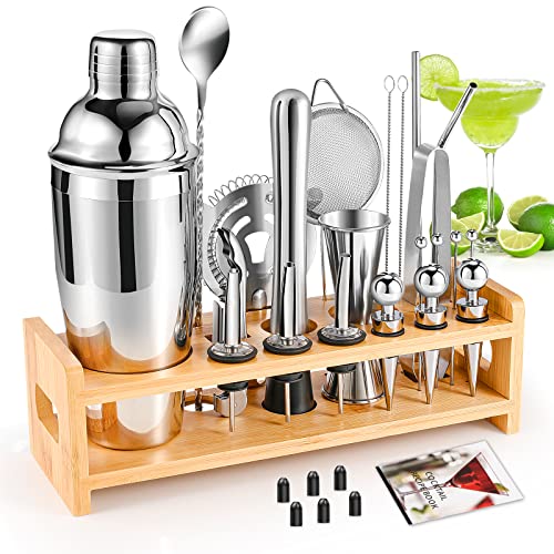 FREOIHETI 30 Piece Cocktail Shaker Set, Cocktail Bartender Kit Bar Drink Tool Set with Stylish Bamboo Stand Cocktail Recipes Booklet - Silver