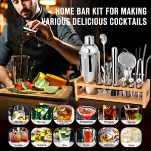 FREOIHETI 30 Piece Cocktail Shaker Set, Cocktail Bartender Kit Bar Drink Tool Set with Stylish Bamboo Stand Cocktail Recipes Booklet - Silver