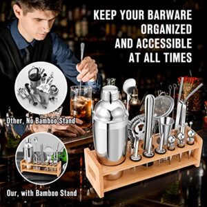 FREOIHETI 30 Piece Cocktail Shaker Set, Cocktail Bartender Kit Bar Drink Tool Set with Stylish Bamboo Stand Cocktail Recipes Booklet - Silver