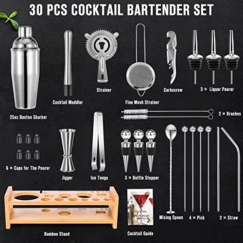 FREOIHETI 30 Piece Cocktail Shaker Set, Cocktail Bartender Kit Bar Drink Tool Set with Stylish Bamboo Stand Cocktail Recipes Booklet - Silver