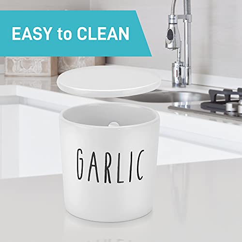 Large Garlic Keeper - Garlic Holder Storage - Round Ceramic Garlic Container Storage to Keep Your Garlic Cloves Fresh Longer - Classic White Vented Garlic Keeper for Counter - Garlic Saver for Kitchen