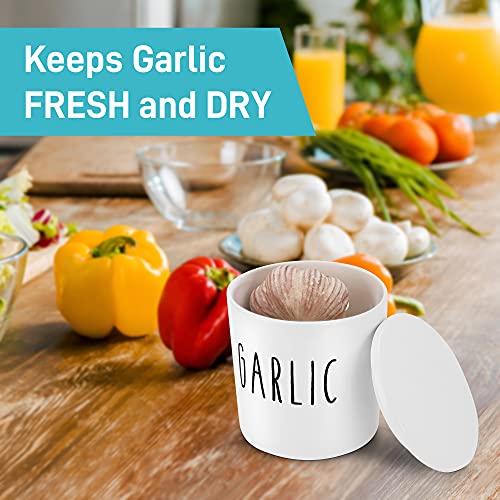 Large Garlic Keeper - Garlic Holder Storage - Round Ceramic Garlic Container Storage to Keep Your Garlic Cloves Fresh Longer - Classic White Vented Garlic Keeper for Counter - Garlic Saver for Kitchen