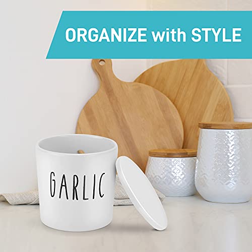 Large Garlic Keeper - Garlic Holder Storage - Round Ceramic Garlic Container Storage to Keep Your Garlic Cloves Fresh Longer - Classic White Vented Garlic Keeper for Counter - Garlic Saver for Kitchen