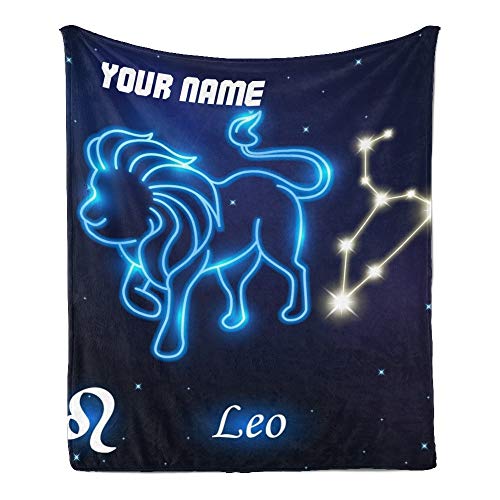 CUXWEOT Custom Throw Blanket with Your Name Text,Personalized Leo of Zodiac Super Soft Fleece Blanket for Couch Sofa Bed (50 X 60 inches)