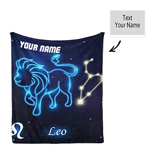 CUXWEOT Custom Throw Blanket with Your Name Text,Personalized Leo of Zodiac Super Soft Fleece Blanket for Couch Sofa Bed (50 X 60 inches)