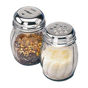 6-ounces glass spices shaker with perforated stainless steel top and parmesan cheese shaker with slotted stainless steel top/set of 2/bulk swirl retro style dispensers with lids/salt & pepper shakers