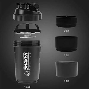 VIGIND Protein Shaker Bottle,Sports Water Bottle,Leak Proof Shake Bottle For Protein Mixer- Non Slip 3 Layer Twist Off 3oz Cups with Pill Tray - Protein Powder 16 oz Shake Cup with Storage,Black