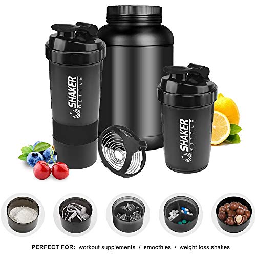 VIGIND Protein Shaker Bottle,Sports Water Bottle,Leak Proof Shake Bottle For Protein Mixer- Non Slip 3 Layer Twist Off 3oz Cups with Pill Tray - Protein Powder 16 oz Shake Cup with Storage,Black