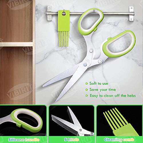 VIBIRIT Herb Scissors Leaf Herb Stripper, Stainless Steel 5 Blade Kitchen Scissors,Peelers for Kitchen,for Chopping Chive, Vegetables, Salad,Collard Greens, Parsley, Rosemary Herb As Christmas gifts