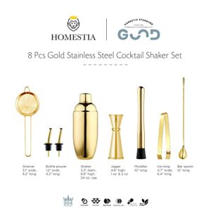 Homestia 8 Pcs Cocktail Shaker Set Stainless Steel Gold Martini Shaker Set, 24oz Drink Shakers Cocktail Set Shakers Bartending Drink Mixer Kit, Margarita Kit Cocktail Mixer Set Bar Kits for Bartender