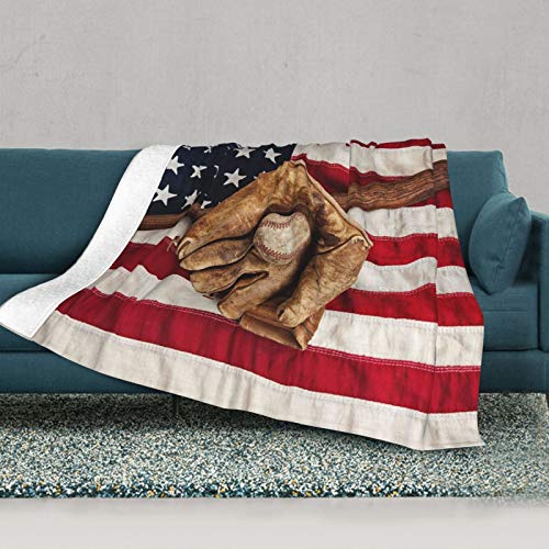 JASMODER Vintage Baseball On American Flag Throw Blanket Warm Ultra-Soft Micro Fleece Blanket for Bed Couch Living Room