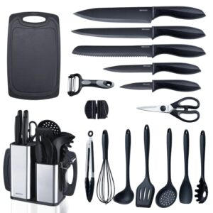 18 pieces black kitchen utensils set cooking utensils set stainless steel knife set with block, 7 piece silicone cooking utensils set with scissors vegetable peeler knife sharpeners cutting board