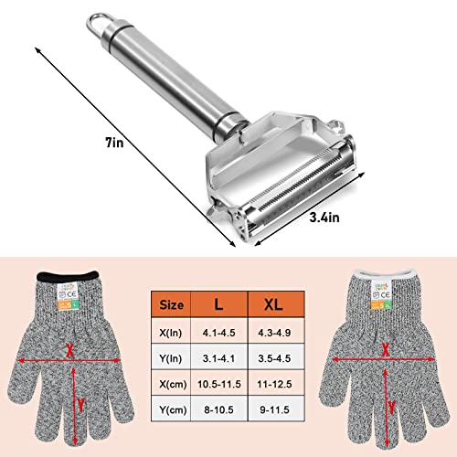 RIUIOUGA Stainless Steel Double Sided Vegetable Peeler with Cut Resistant Gloves - Multifunctional Carrot Shredder Fruit Peeler, Portable Kitchen Peeler for Shredding, Peeling and Slitting