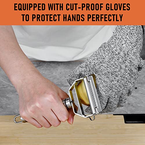 RIUIOUGA Stainless Steel Double Sided Vegetable Peeler with Cut Resistant Gloves - Multifunctional Carrot Shredder Fruit Peeler, Portable Kitchen Peeler for Shredding, Peeling and Slitting