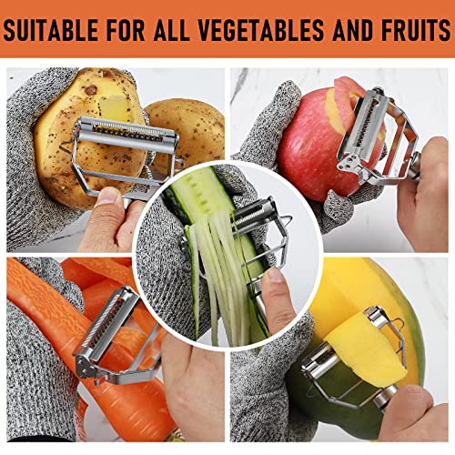 RIUIOUGA Stainless Steel Double Sided Vegetable Peeler with Cut Resistant Gloves - Multifunctional Carrot Shredder Fruit Peeler, Portable Kitchen Peeler for Shredding, Peeling and Slitting