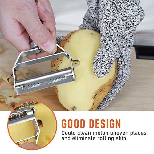 RIUIOUGA Stainless Steel Double Sided Vegetable Peeler with Cut Resistant Gloves - Multifunctional Carrot Shredder Fruit Peeler, Portable Kitchen Peeler for Shredding, Peeling and Slitting