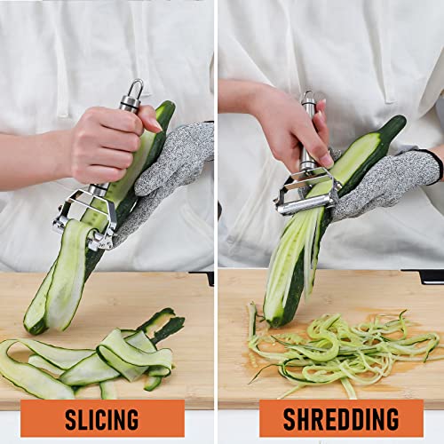 RIUIOUGA Stainless Steel Double Sided Vegetable Peeler with Cut Resistant Gloves - Multifunctional Carrot Shredder Fruit Peeler, Portable Kitchen Peeler for Shredding, Peeling and Slitting