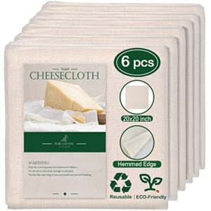 6 pcs 20x20 inch hemmed cheesecloth, grade 100, 100% unbleached cotton fabric ultra fine reusable muslin cloth for straining, cooking, baking, home