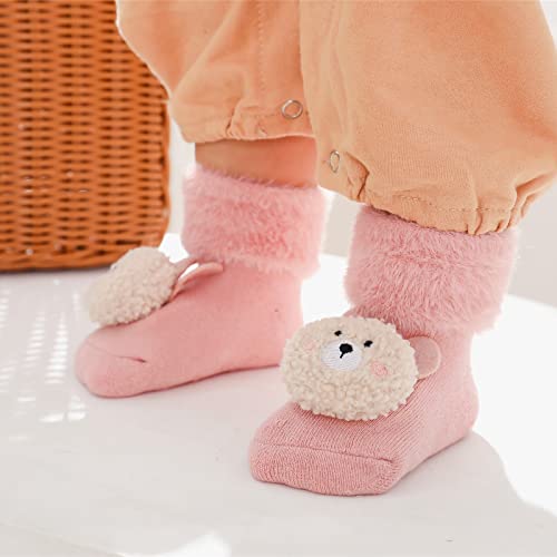 Lykmera Children Toddler Autumn Winter Boys Girls Floor Socks Non Slip Plush Warm Cute Cartoon Bear Rabbit Shoes Socks (Pink, 6-12 Months)