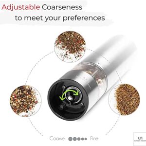 Electric Salt and Pepper Grinder Set - Battery Operated Stainless Steel Mill with Light (Pack of 2 Mills) - Automatic One Handed Operation - Electronic Adjustable Shakers - Ceramic Grinders