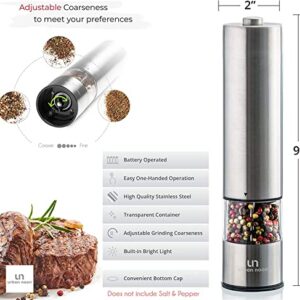 Electric Salt and Pepper Grinder Set - Battery Operated Stainless Steel Mill with Light (Pack of 2 Mills) - Automatic One Handed Operation - Electronic Adjustable Shakers - Ceramic Grinders