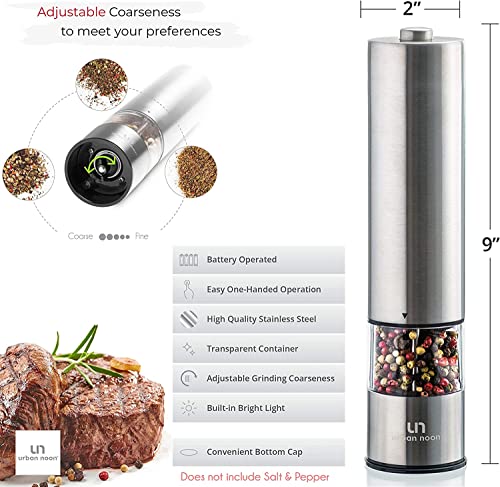 Electric Salt and Pepper Grinder Set - Battery Operated Stainless Steel Mill with Light (Pack of 2 Mills) - Automatic One Handed Operation - Electronic Adjustable Shakers - Ceramic Grinders