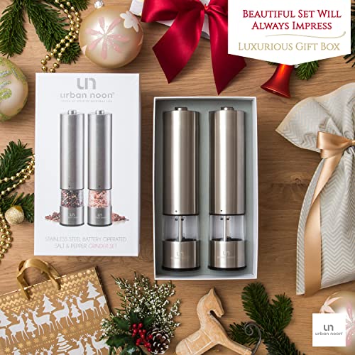 Electric Salt and Pepper Grinder Set - Battery Operated Stainless Steel Mill with Light (Pack of 2 Mills) - Automatic One Handed Operation - Electronic Adjustable Shakers - Ceramic Grinders