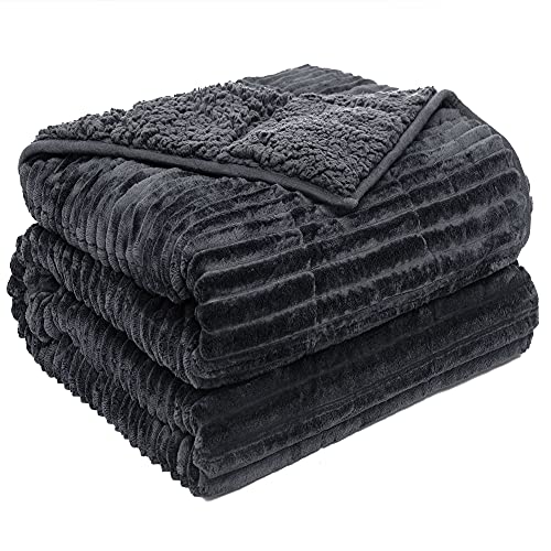 Pawque Sherpa Fleece Weighted Blanket Twin Size 15lbs for Adult, Fuzzy Weighted Throw with Ribbed Stripes, Dual Sided Cozy Plush Blanket with Premium Beads for Bed Sofa, 48 x 72 Inches, Dark Grey