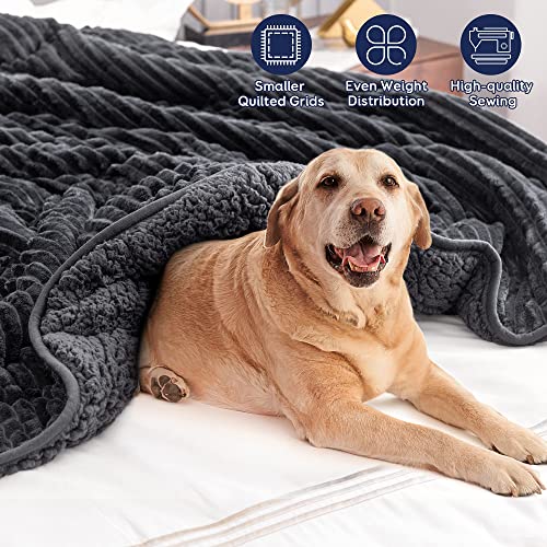 Pawque Sherpa Fleece Weighted Blanket Twin Size 15lbs for Adult, Fuzzy Weighted Throw with Ribbed Stripes, Dual Sided Cozy Plush Blanket with Premium Beads for Bed Sofa, 48 x 72 Inches, Dark Grey