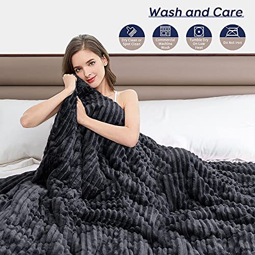 Pawque Sherpa Fleece Weighted Blanket Twin Size 15lbs for Adult, Fuzzy Weighted Throw with Ribbed Stripes, Dual Sided Cozy Plush Blanket with Premium Beads for Bed Sofa, 48 x 72 Inches, Dark Grey