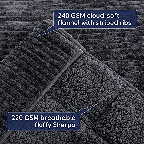 Pawque Sherpa Fleece Weighted Blanket Twin Size 15lbs for Adult, Fuzzy Weighted Throw with Ribbed Stripes, Dual Sided Cozy Plush Blanket with Premium Beads for Bed Sofa, 48 x 72 Inches, Dark Grey