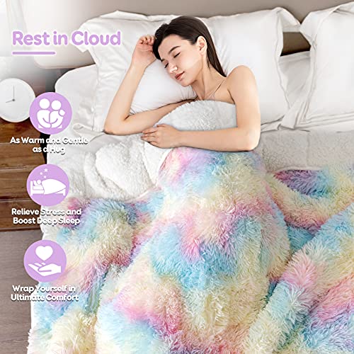 Cottonblue Faux Fur Weighted Blanket 15 lbs for Adult 48x72 Inches, Plush Shaggy Fluffy Throw Blanket Twin ​Size, Cozy Warm Furry Weighted Blanket for Couch Sofa Chair Home Decor, Rainbow