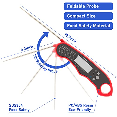 Lonicera Digital Meat Thermometer with Foldable Probe, Backlight & Calibration. Waterproof & Instant Read for Kitchen Food Cooking Baking Candy Liquid (Red)