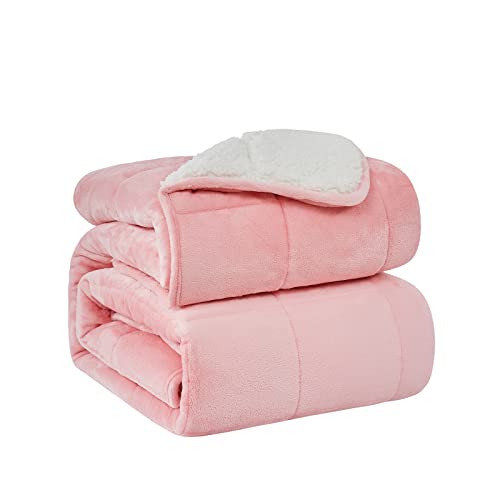 CYMULA Flannel Weighted Blanket Adult: 60×80inch Sherpa Fleece Heavy Blanket - Breathable Soft Blanket 15lbs Queen Size - Snuggly Bed Blankets with Glass Beads- Pink