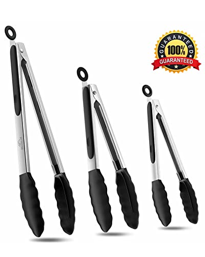 Bnlcd Kitchen Tongs, Premium Stainless Steel Locking Cooking Tongs with Silicone Tips, Non-Slip Food Tongs for Cooking, Heavy Duty, Non-Stick, 480℉, Set of 3-7" 9" and 12" Black